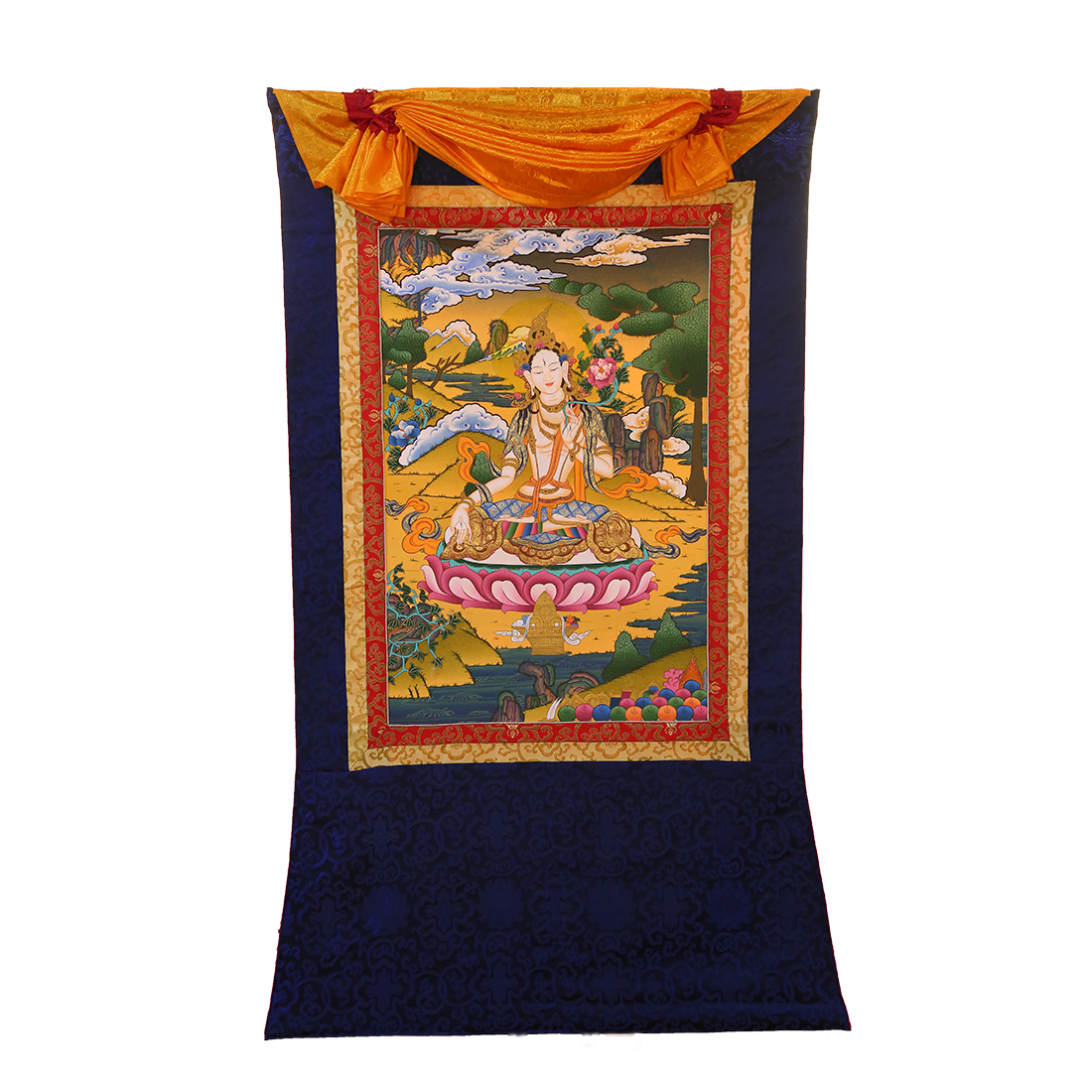 White Tara painting on silky brocade – Handmade Thangka Painting from ...